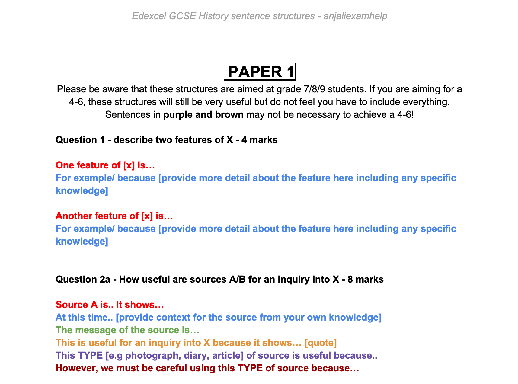 DIGITAL FILE of GRADE 9 GCSE HISTORY QUESTION STRUCTURES EDEXCEL ...